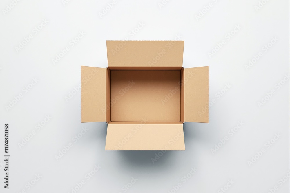 Open empty cardboard box with flaps spread, placed on a clean white ...