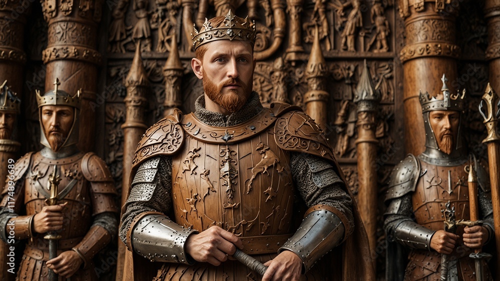 A majestic wooden carving of King Arthur, depicted in full armor with ...