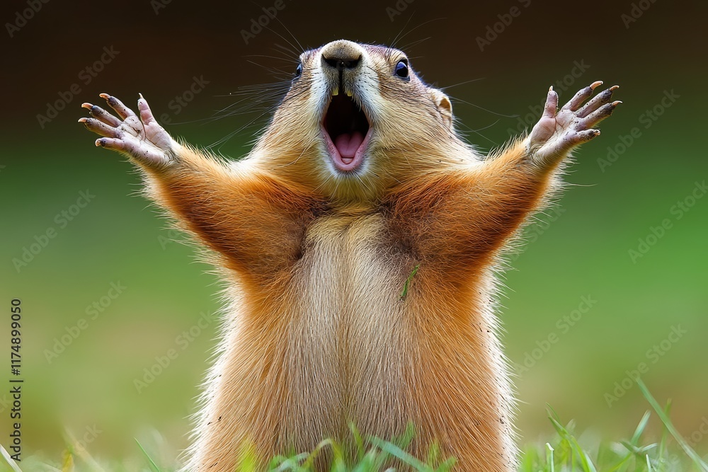 Small brown animal with its mouth open and arms raised in the air. The ...