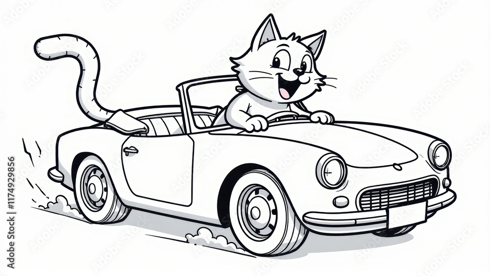 Happy Cat Driving a Classic Convertible, Coloring Page, Line Art ...