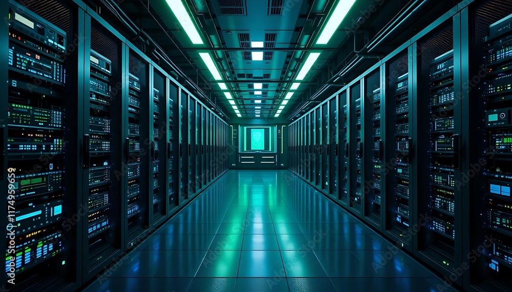 A high-tech data center is depicted in a stock photo with a server room ...
