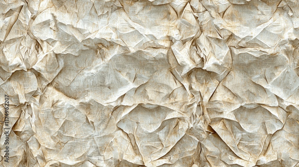 A textured, crumpled paper background with various shades of beige and ...