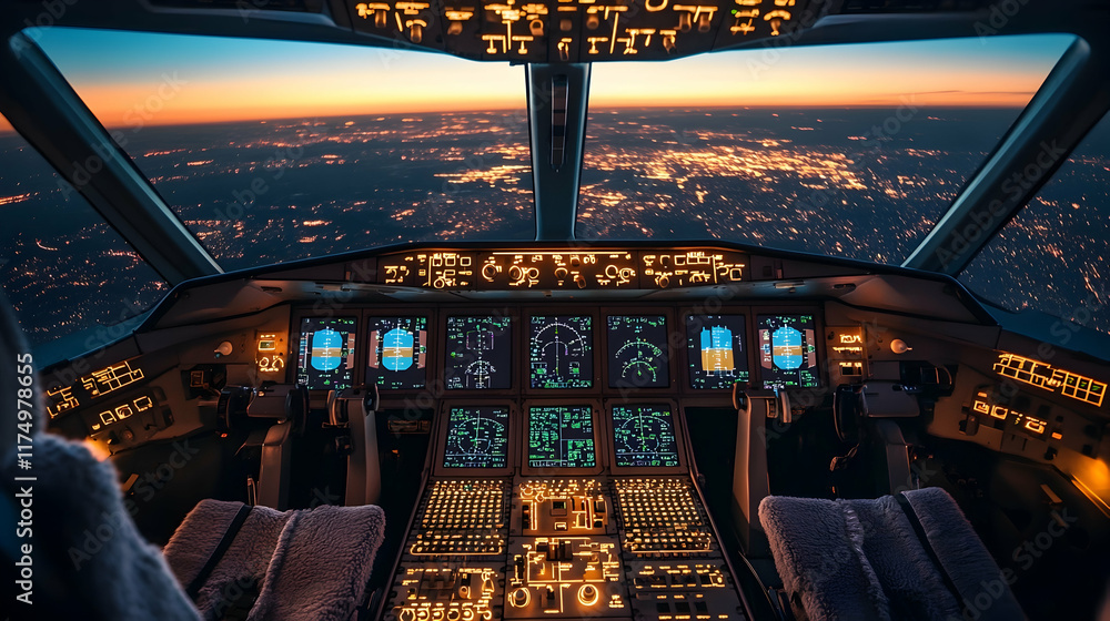 Airliner Cockpit View, Detailed view of an airplane's cockpit during ...