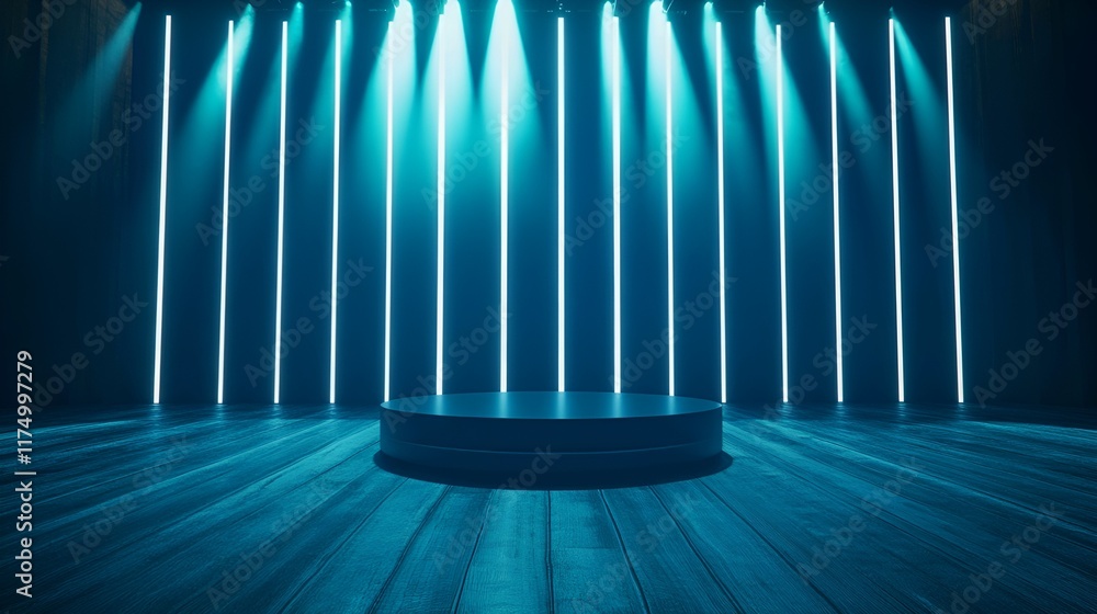 Stage with LED lights, a dark blue background, and LED light strips ...