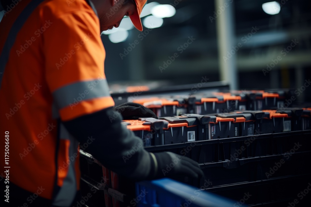 Worker in orange vest and white gloves handling battery pack in modern ...