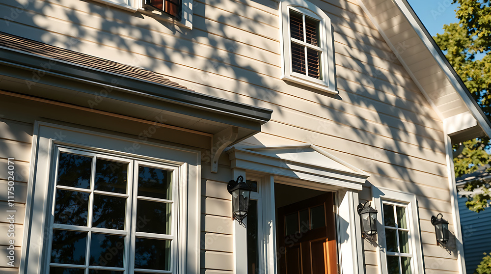 Ilustración de Stock Tan clapboard house with white trim, multiple ...