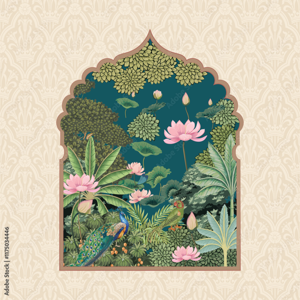 Mughal pichwai arch garden with bird, plant, lotus illustration border ...