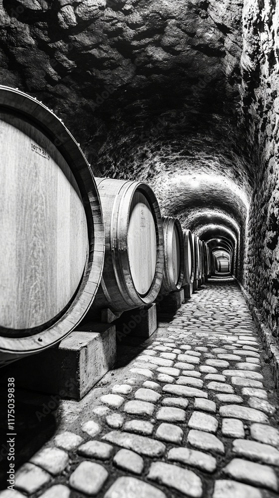 Ancient wine cellar tunnel with traditional wooden barrels lined along ...