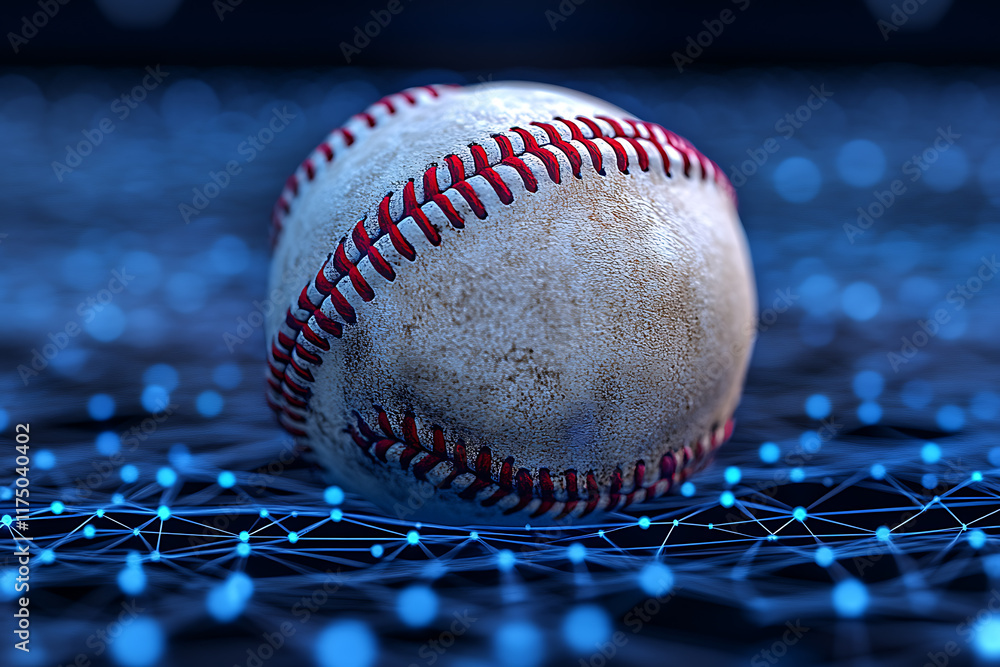 Glowing wireframe baseball featuring red stitching, highlighted by a ...