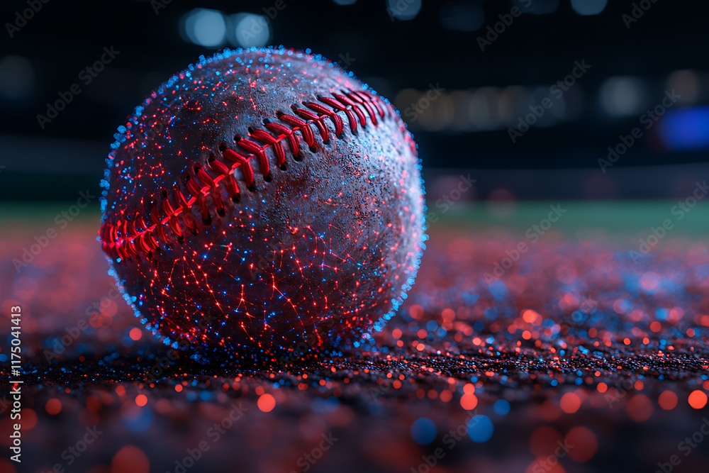 Stock-Illustration „Glowing wireframe baseball featuring red stitching ...