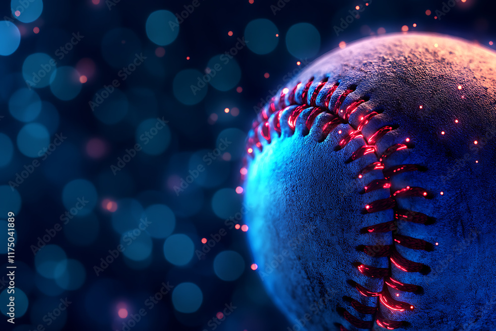 Glowing wireframe baseball featuring red stitching, highlighted by a ...