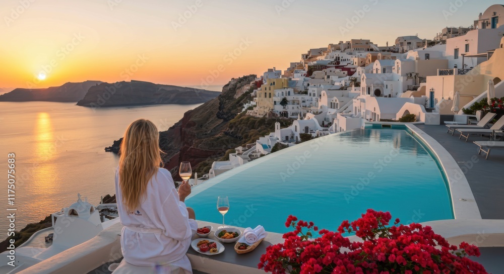 Santorini sunset, infinity pool, white buildings, Greek island, coastal ...
