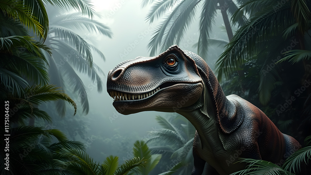 Dinosaur t-rex portrait deep jungle rainforest fern trees realistic ...