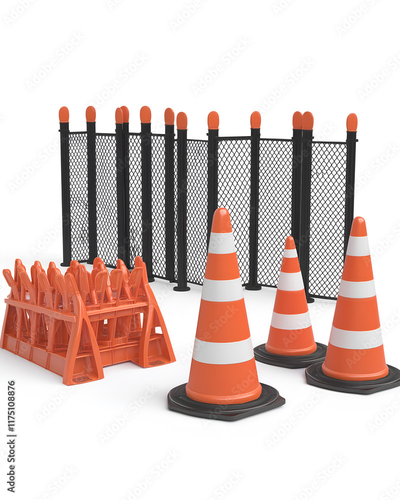 Safety cones and barriers arranged in a construction zone, isolated on ...
