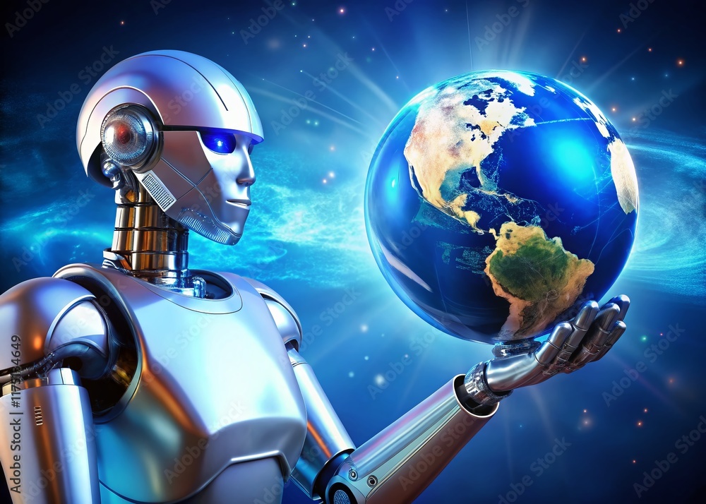 Robot Holding Globe, Futuristic Technology, Artificial Intelligence, Global Innovation, World ...