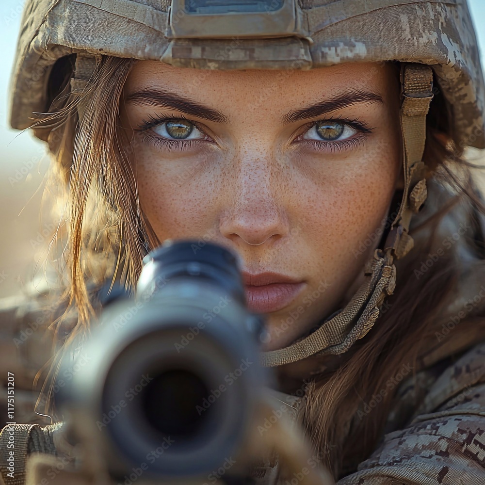 Focused female soldier in desert camouflage uniform and helmet takes ...