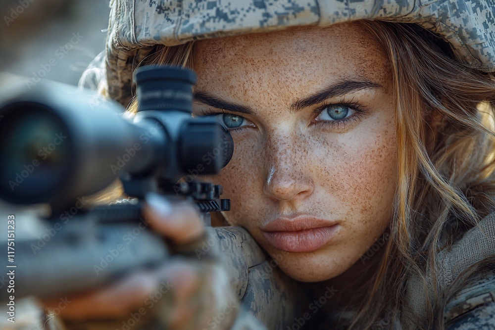 Focused female soldier in desert camouflage uniform and helmet takes ...