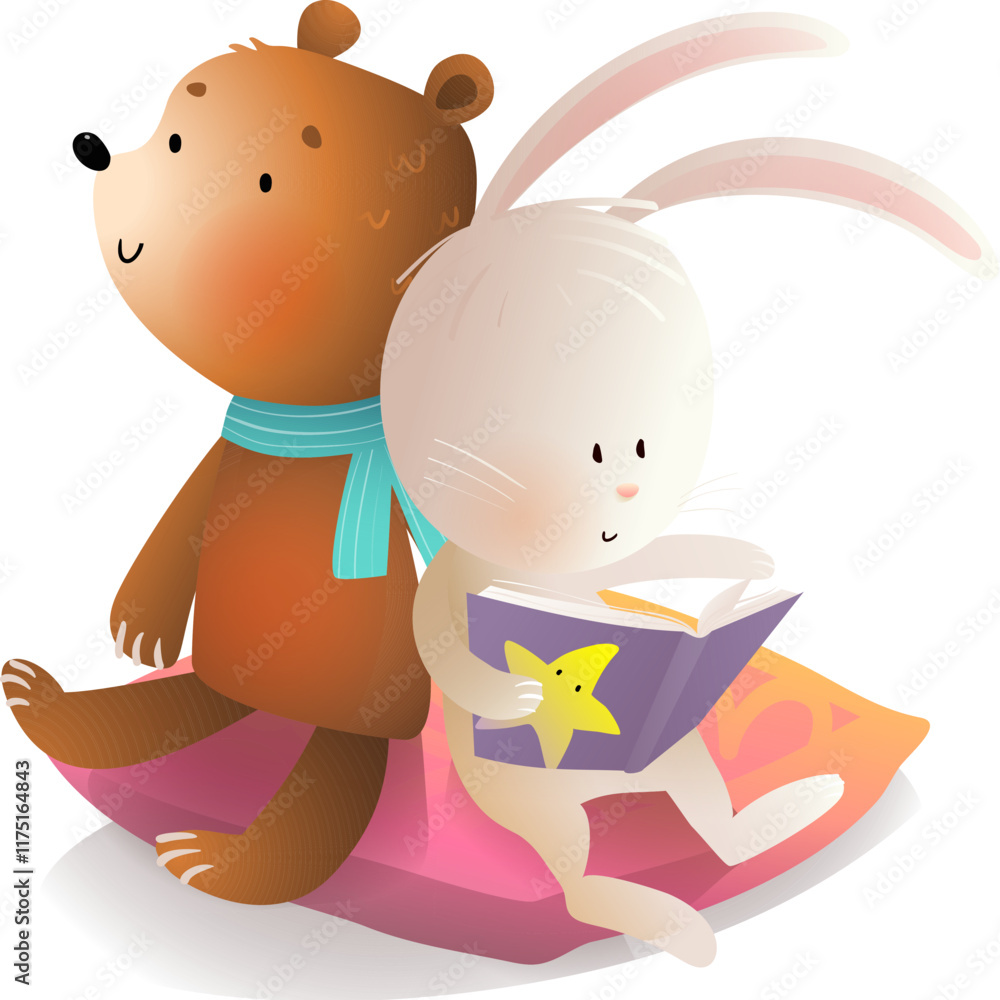 Teddy bear and cute rabbit toys reading books together. Illustration ...