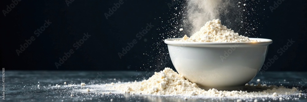 Flour dust falls from mixer bowl to dark surface below, gravity, baking ...