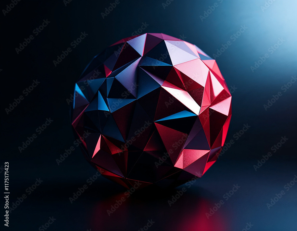 Geometric 3D sphere composed of reflective red metallic triangles ...