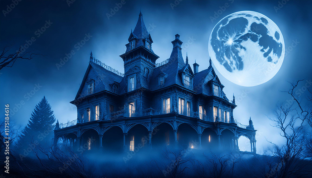haunted victorian mansion at nighttime beneath a complete moon deep ...