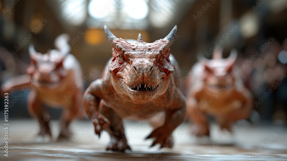 Three ferocious dinosaur figures with sharp teeth and horns are ...