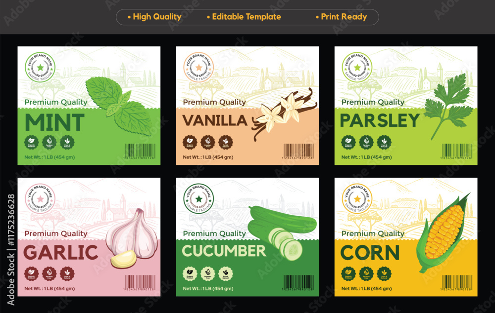 Mint Vanilla Garlic label Cucumber Corn packaging Set design template ...