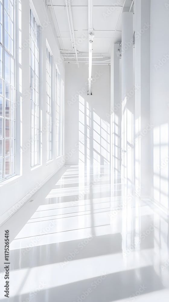 A bright exhibition space with tall ceilings, polished floors, and ...