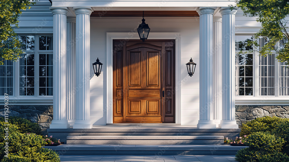 Georgian-style home entrance with a wooden front door, white columns ...