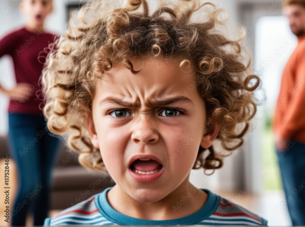 Young boy shows anger during family disagreement in living room setting ...
