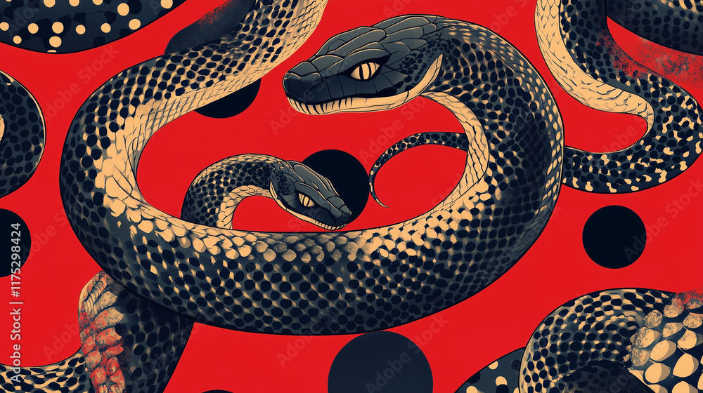 Repeating snake motifs paired with retro-style patterns and polka dots ...