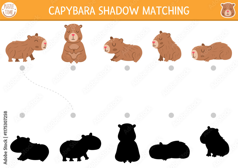 Capibara shadow matching activity. Capybara shape recognition puzzle ...
