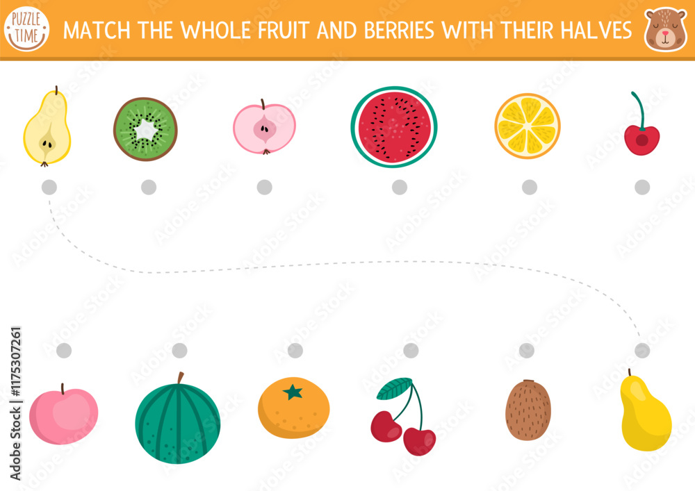Capybara matching activity with whole fruit and berry and their halves ...