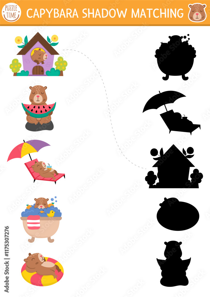 Vector de Stock Capibara shadow matching activity. Capybara shape recognition puzzle. Find ...