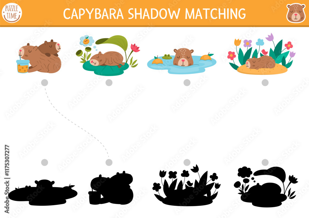 Capibara shadow matching activity. Capybara shape recognition puzzle ...