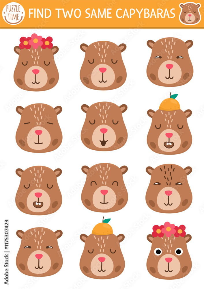 Find two same capybara faces. Matching activity for children with ...