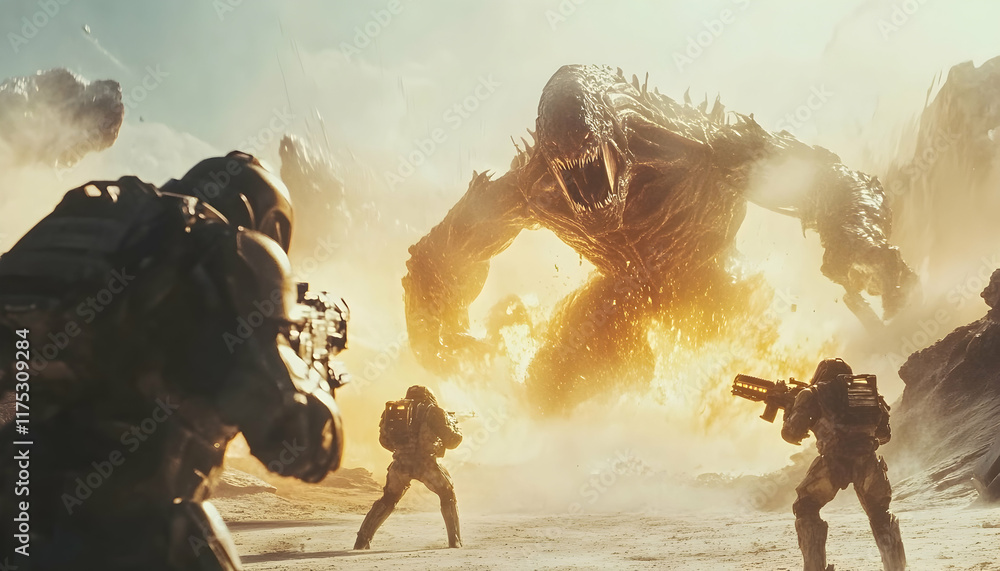 Action-packed scene of armored soldiers fighting off invading monsters ...