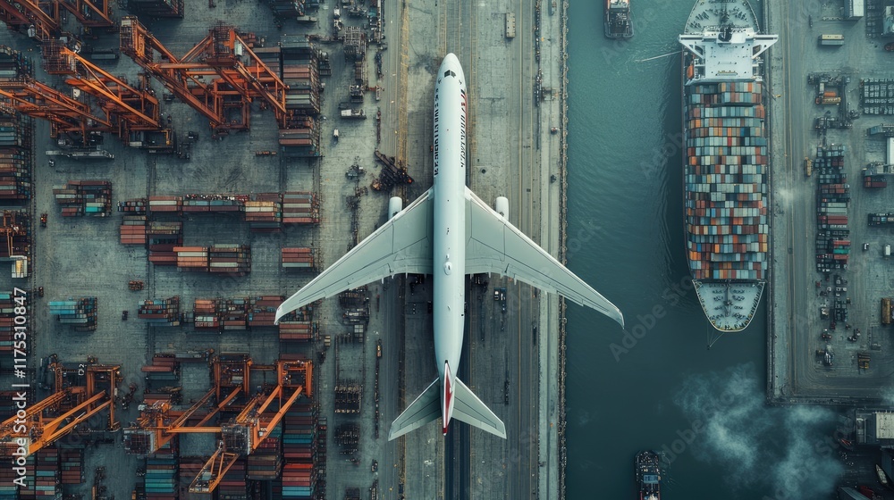 Cargo aircraft and container ship side by side in a busy industrial ...