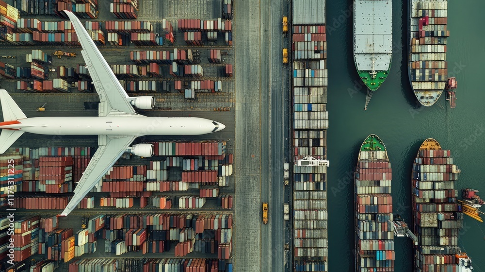 Cargo aircraft and container ship side by side in a busy industrial ...