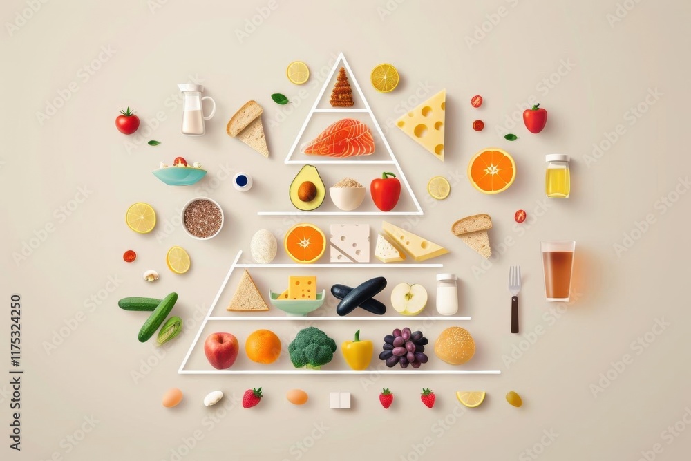 Healthy Eating Guide: Food Pyramid with Fruits, Vegetables, Grains, and ...