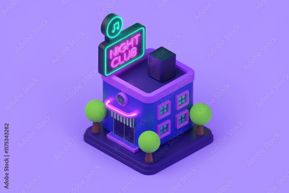 Isometric 3D rendering of a vibrant nightclub building with neon ...
