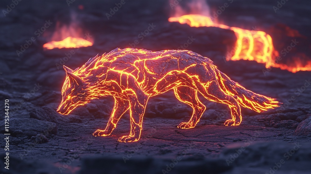 Fiery Lava Wolf in Volcanic Landscape: A Digital Art Masterpiece Stock ...