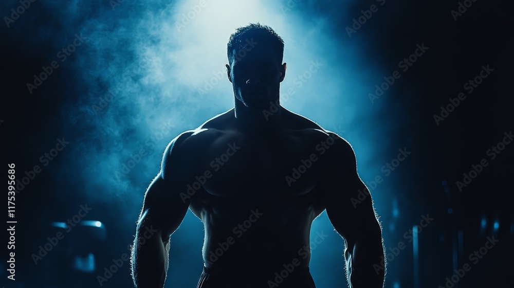 Muscular bodybuilder showing his perfect trained body under blue lights ...