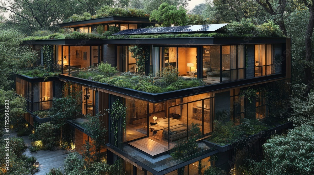 Sustainable eco-friendly building featuring solar panels and green roof ...