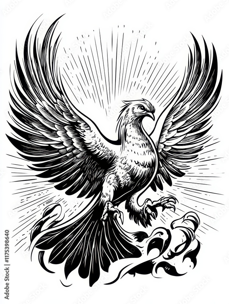 Vintage Phoenix Engraving: Rise From Ashes - A majestic phoenix, wings outstretched, rises from ...