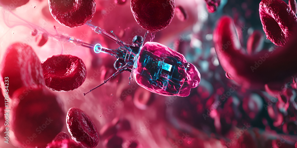 Nanotechnology robot navigating through human bloodstream, Futuristic medical nanobot surrounded ...