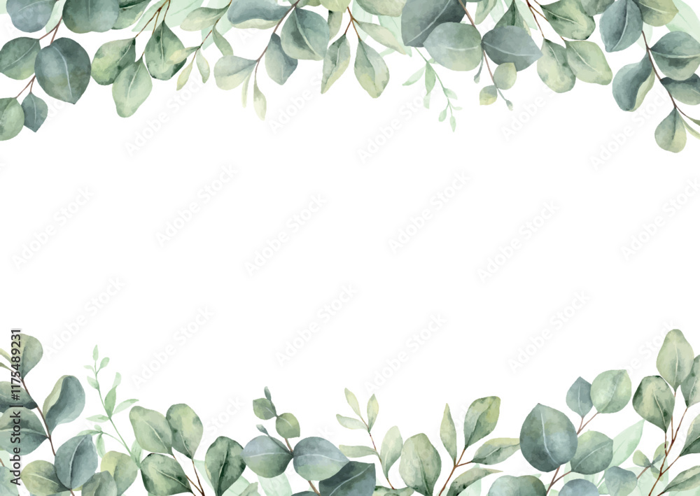 Watercolor vector border frame with green eucalyptus leaves and ...