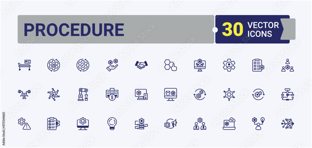 Procedure icons set in linear style. Includes icons for making, client ...