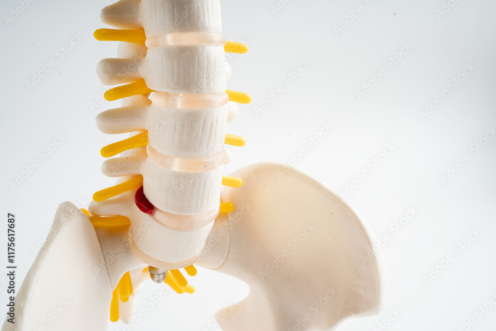 Lumbar spine displaced herniated disc fragment, spinal nerve and bone ...