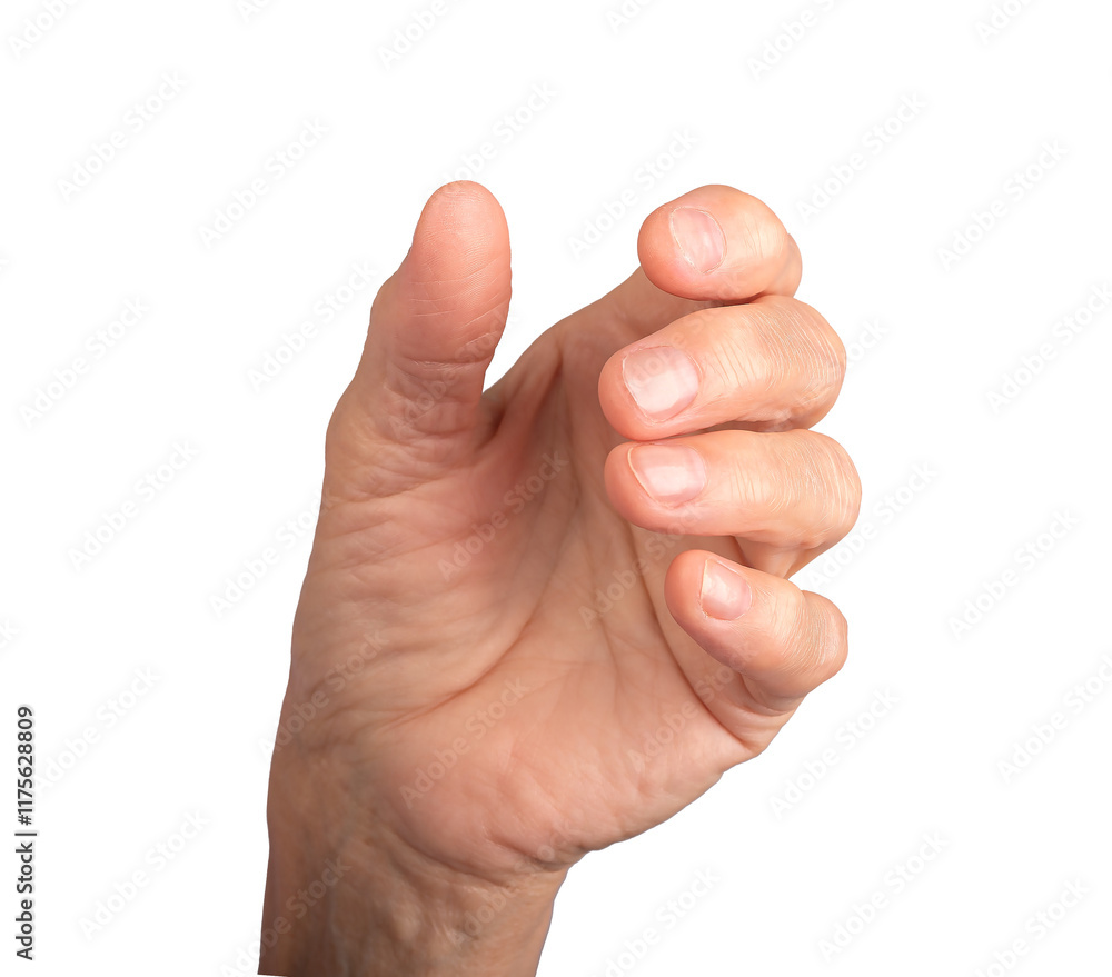 Hand holding gesture. Senior woman s wrinkled hand with fingers curved ...